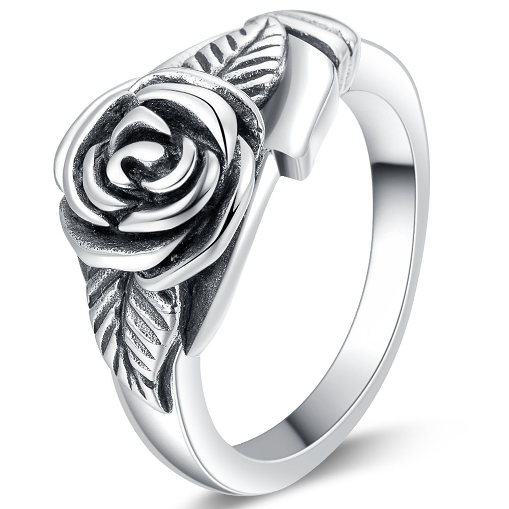 Jude Jewelers Retro Vintage Stainless Steel Flower Rose Promise Statement Cocktail Party Ring (Oxidized Silver, 3)