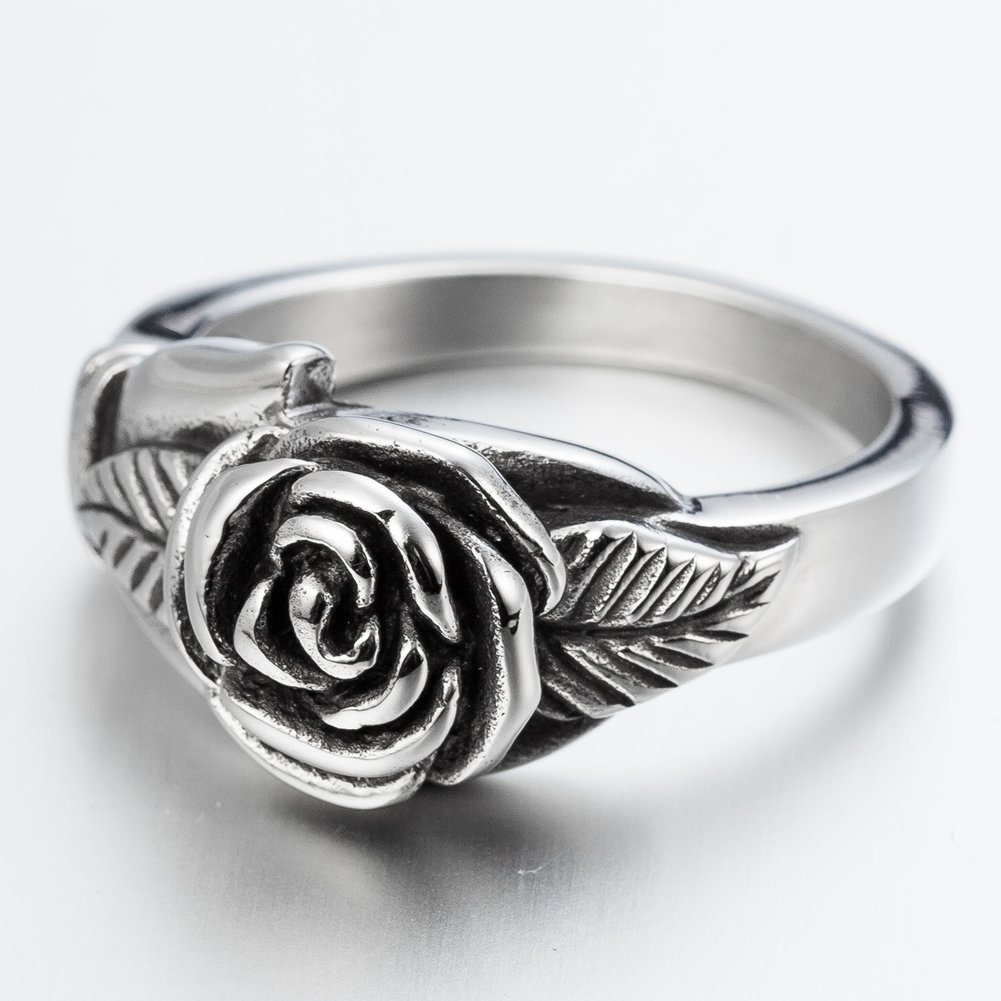 Jude Jewelers Retro Vintage Stainless Steel Flower Rose Promise Statement Cocktail Party Ring (Oxidized Silver, 3)