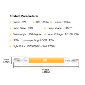 Lustaled 118MM R7S COB LED Bulbs, 9W J Type 118MM Double Ended LED Lights 120V T3 R7S Base 100W Halogen Floodlight Replacement for Garage Speciality Lighting Floor Lamps (Daylight 6000K, 2-Pack)