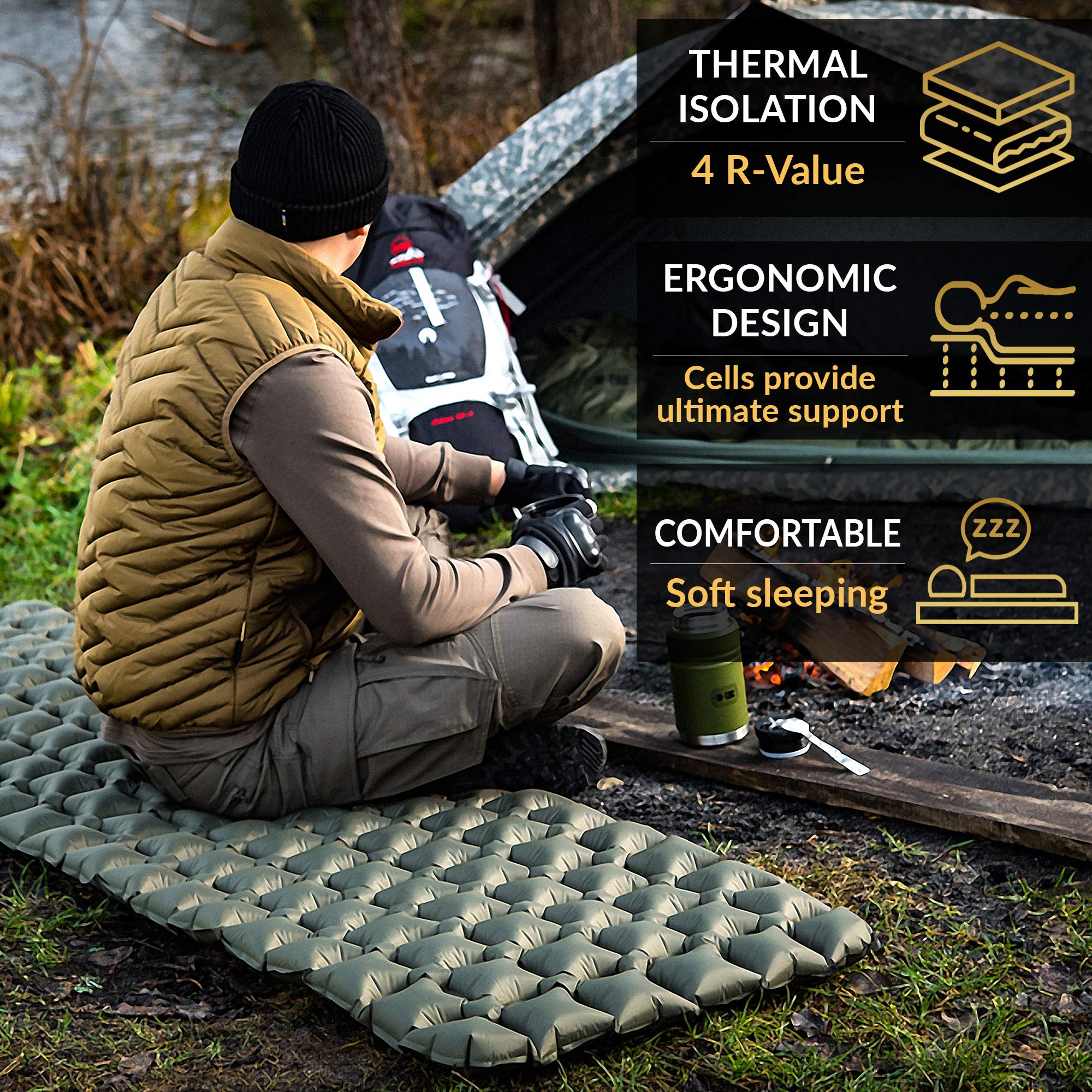 M-Tac Inflatable Camping Mat Ultralight Air Sleeping Pad for Backpacking (Olive, 77" x 24")