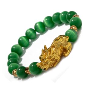 zenbless feng shui bracelet luck charm 10mm bracelet with gold plated pi xiu/pi yao attract wealth and good luck amulet gift(green m)