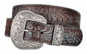 western scroll buckle with turquoise tinted embossed brown leather belt (xl)