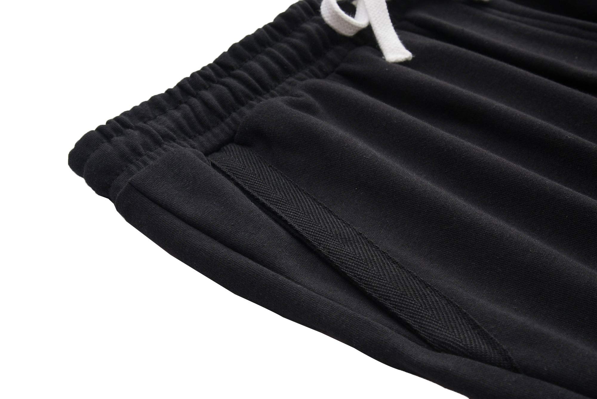 VANCOOG Men’s Casual Cotton Knit Short Drawstring Elastic Yoga Gym Shorts-Black-L