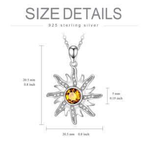 AOBOCO Sterling Silver Sun Sunburst Pendant Necklace with Citrine Austrian Crystal, November Birthstone Jewelry, Christmas Gift for Women