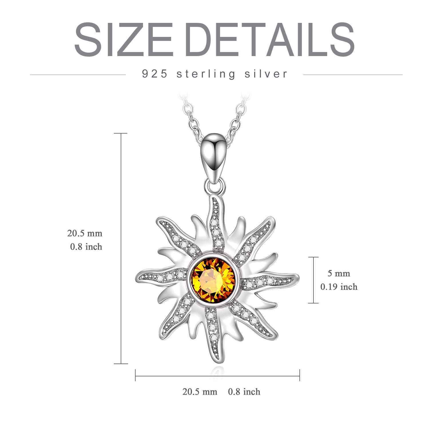 AOBOCO Sterling Silver Sun Sunburst Pendant Necklace with Citrine Austrian Crystal, November Birthstone Jewelry, Christmas Gift for Women