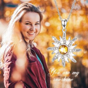 AOBOCO Sterling Silver Sun Sunburst Pendant Necklace with Citrine Austrian Crystal, November Birthstone Jewelry, Christmas Gift for Women