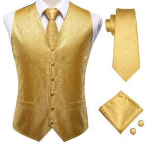 hi-tie men's gold paisley suit vest and tie set formal 4pc silk dress waistcoat necktie and pocket square set for wedding party or tuxedo