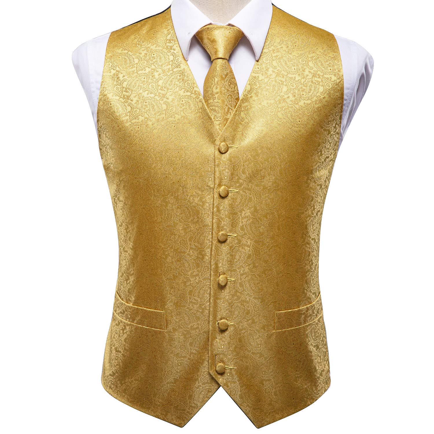 Hi-Tie Men's Gold Paisley Suit Vest and Tie Set Formal 4pc Silk Dress Waistcoat Necktie and Pocket Square Set for Wedding Party or Tuxedo