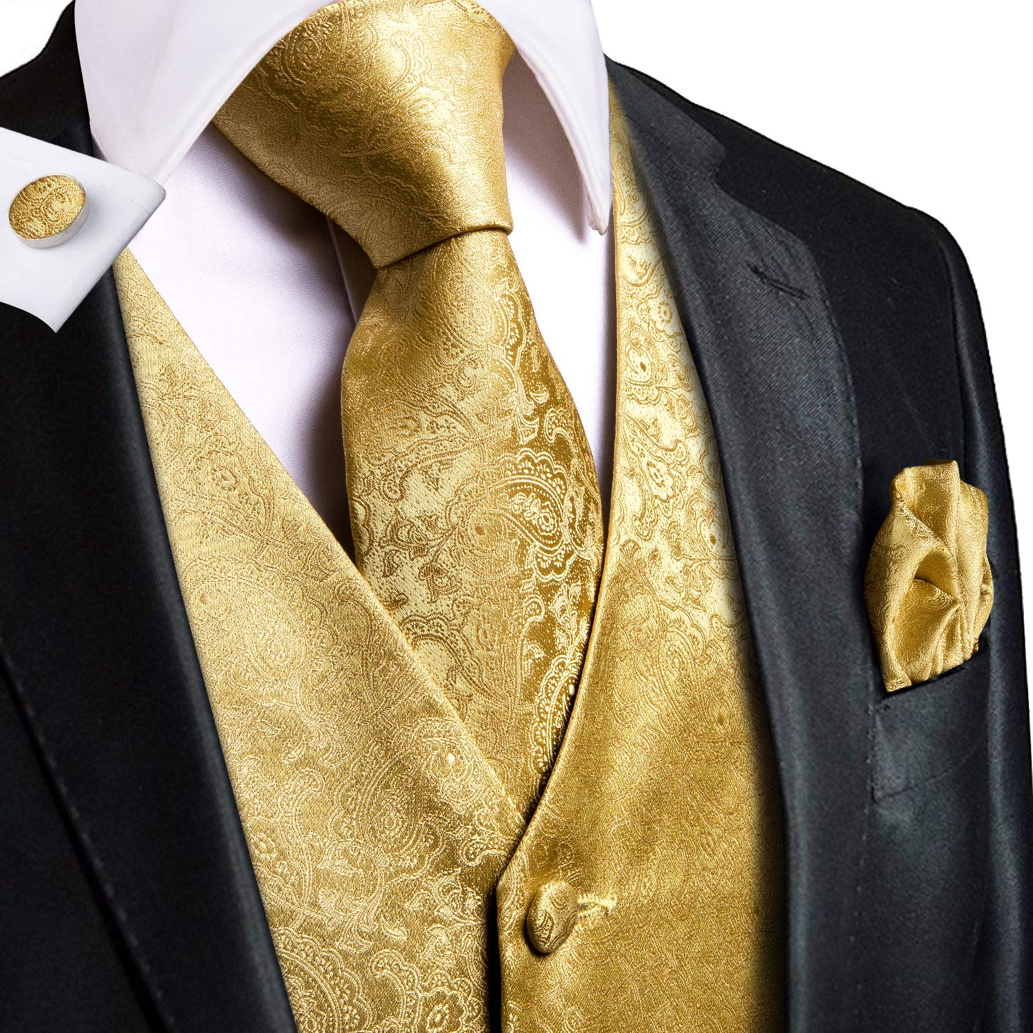 Hi-Tie Men's Gold Paisley Suit Vest and Tie Set Formal 4pc Silk Dress Waistcoat Necktie and Pocket Square Set for Wedding Party or Tuxedo