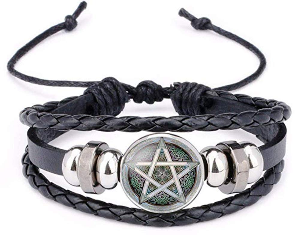 Comelyjewel Anti-Possesion Pentagram Themed Leather Braided Bracelet for Men and Women