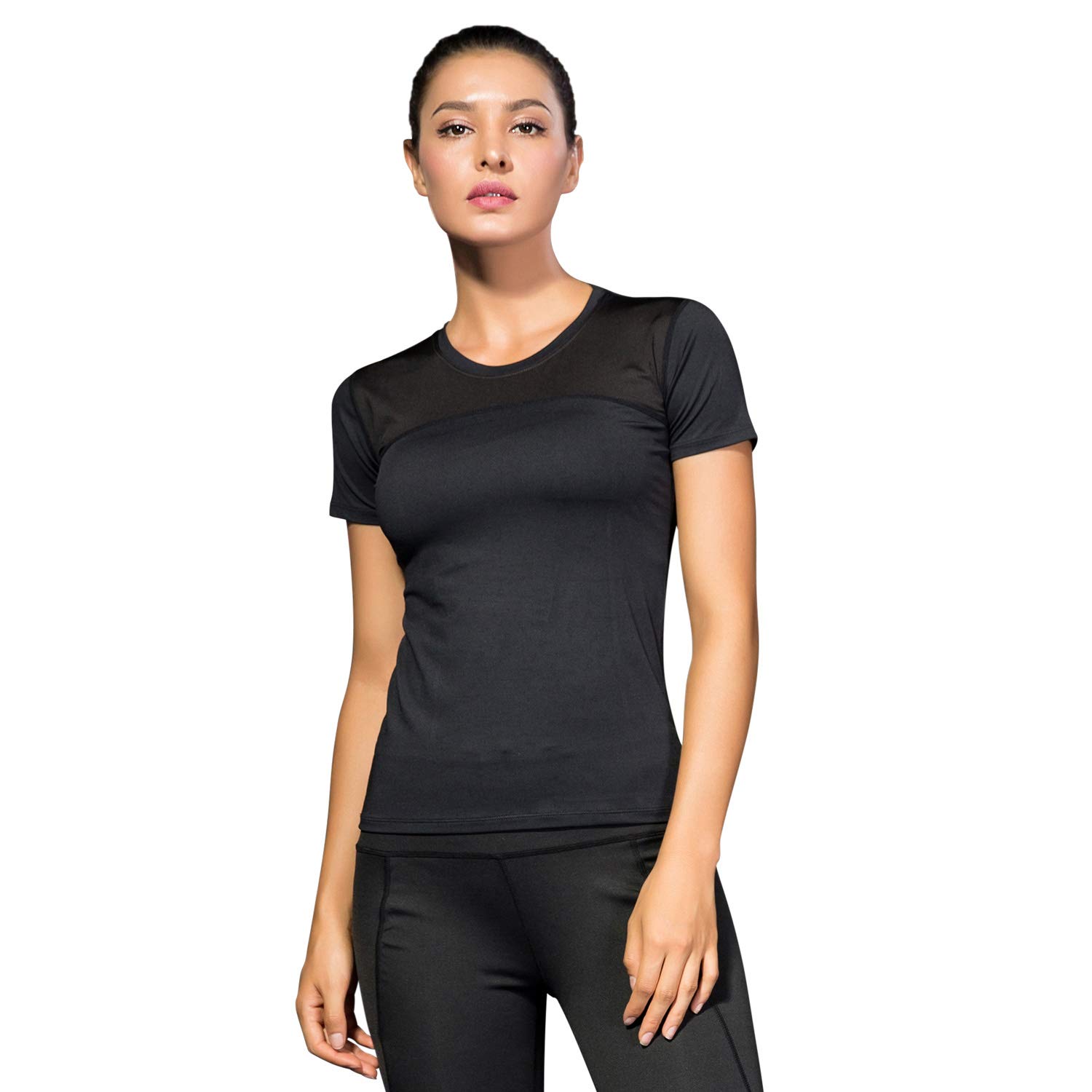 VEQKING Women's 2 Pack Dry Fit Athletic Shirt Moisture Wicking Short Sleeve Sport Tee Workout T-shirt Black+White