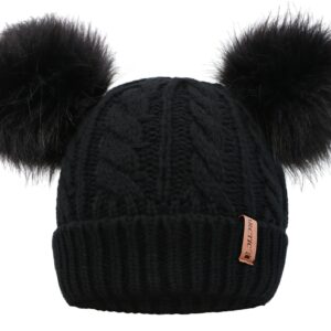 Arctic Paw Pom Pom Beanie Cable Knit Fleece Lined Winter Beanie Women Hat Black Beanie Women