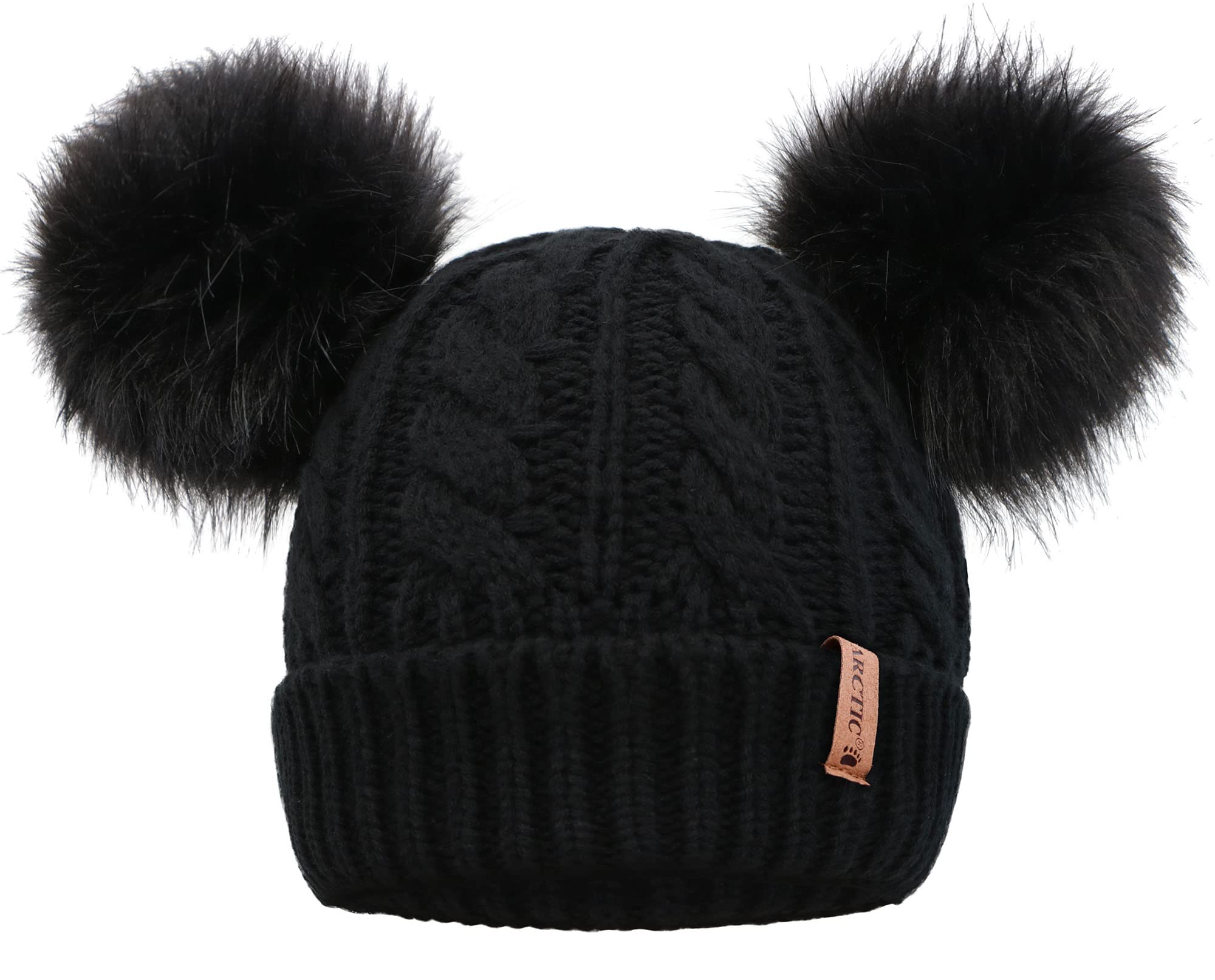 Arctic Paw Pom Pom Beanie Cable Knit Fleece Lined Winter Beanie Women Hat Black Beanie Women