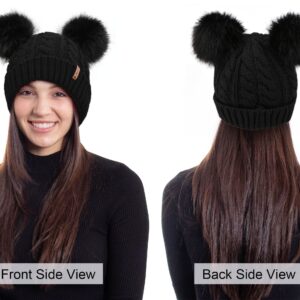 Arctic Paw Pom Pom Beanie Cable Knit Fleece Lined Winter Beanie Women Hat Black Beanie Women