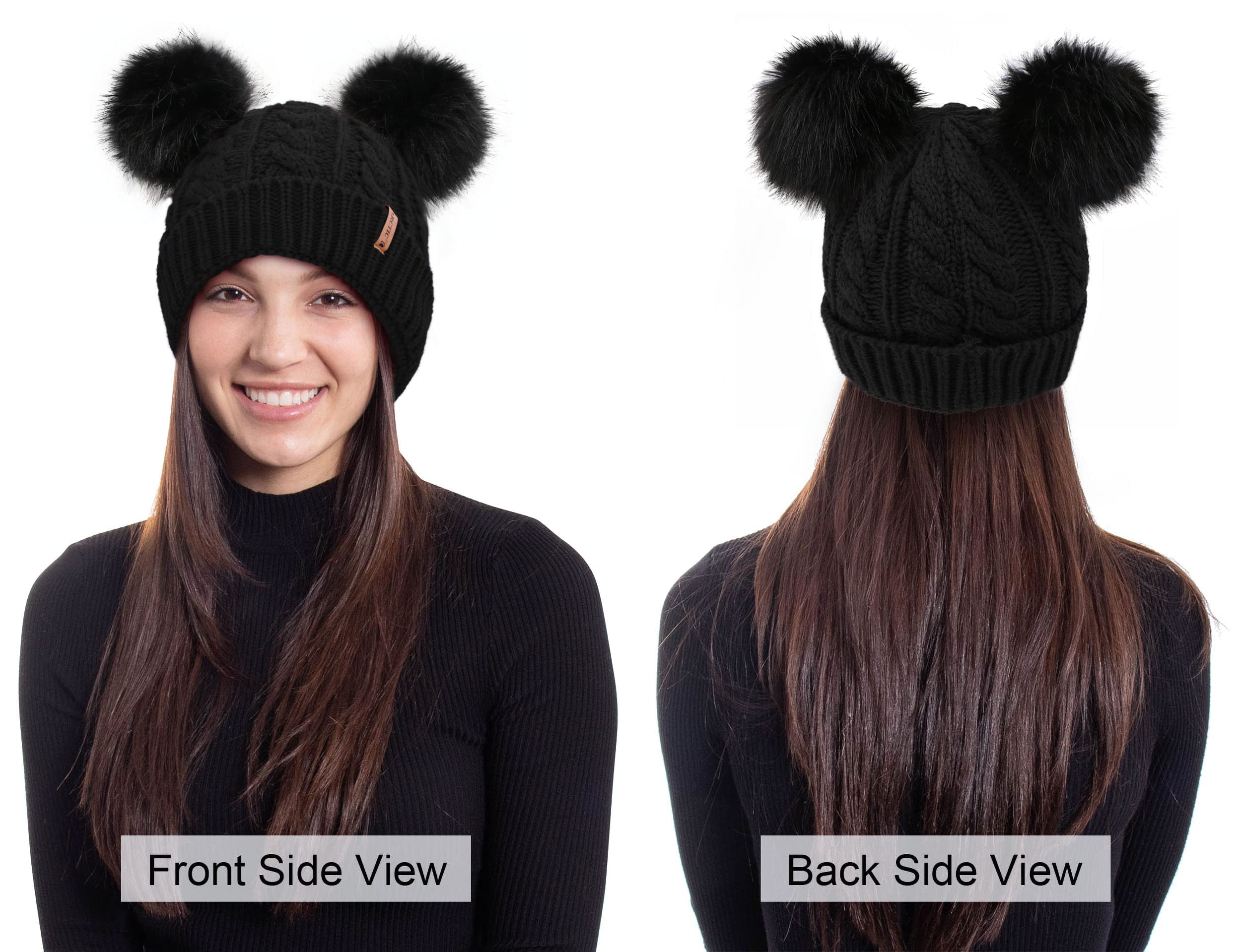 Arctic Paw Pom Pom Beanie Cable Knit Fleece Lined Winter Beanie Women Hat Black Beanie Women