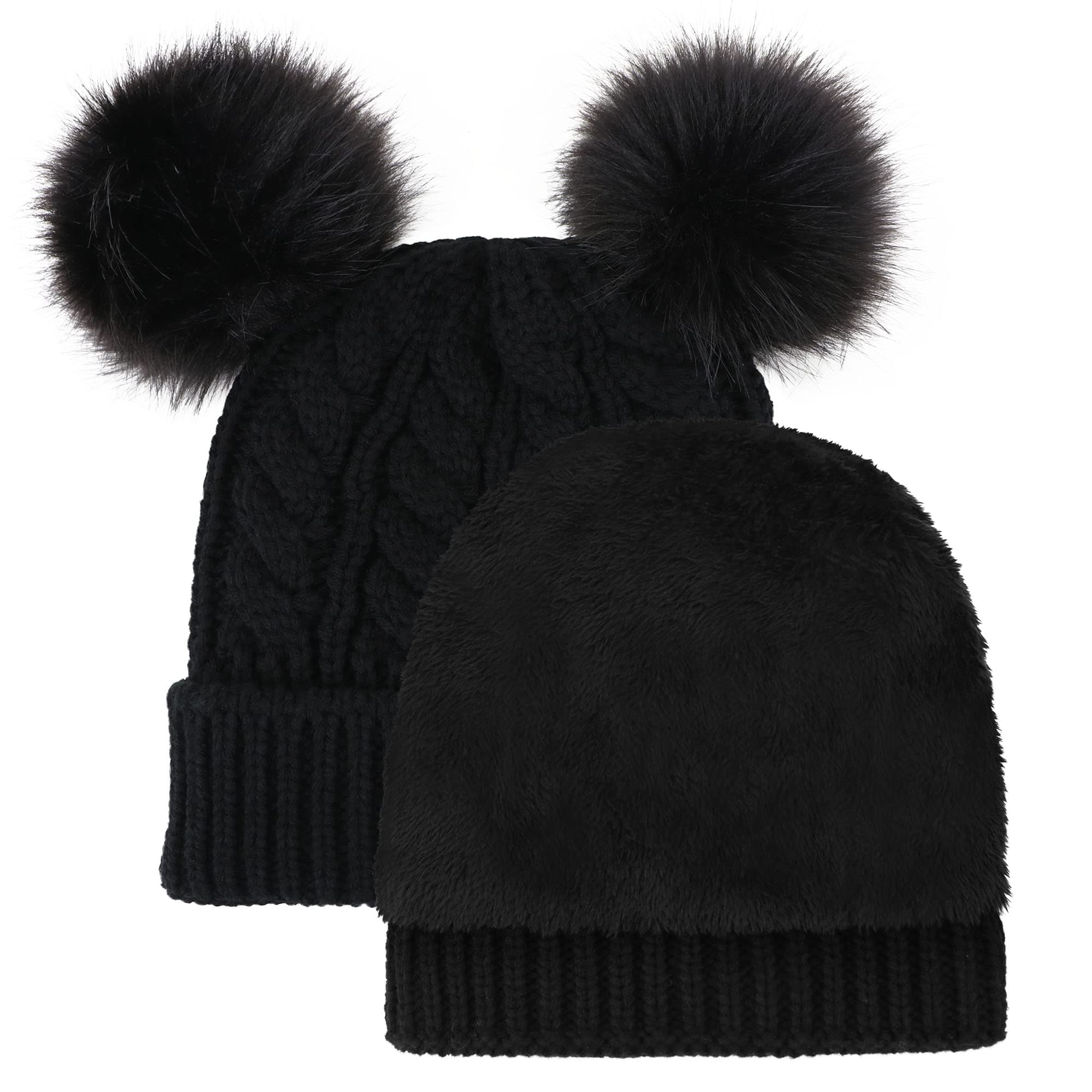 Arctic Paw Pom Pom Beanie Cable Knit Fleece Lined Winter Beanie Women Hat Black Beanie Women