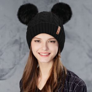 Arctic Paw Pom Pom Beanie Cable Knit Fleece Lined Winter Beanie Women Hat Black Beanie Women