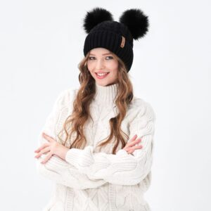 Arctic Paw Pom Pom Beanie Cable Knit Fleece Lined Winter Beanie Women Hat Black Beanie Women