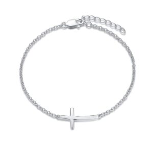 fancime white gold plated 925 sterling silver cable link chain horizontal friendship charm adjustable teens sideways cross crucifix bracelet gift for women, 15 + 3cm