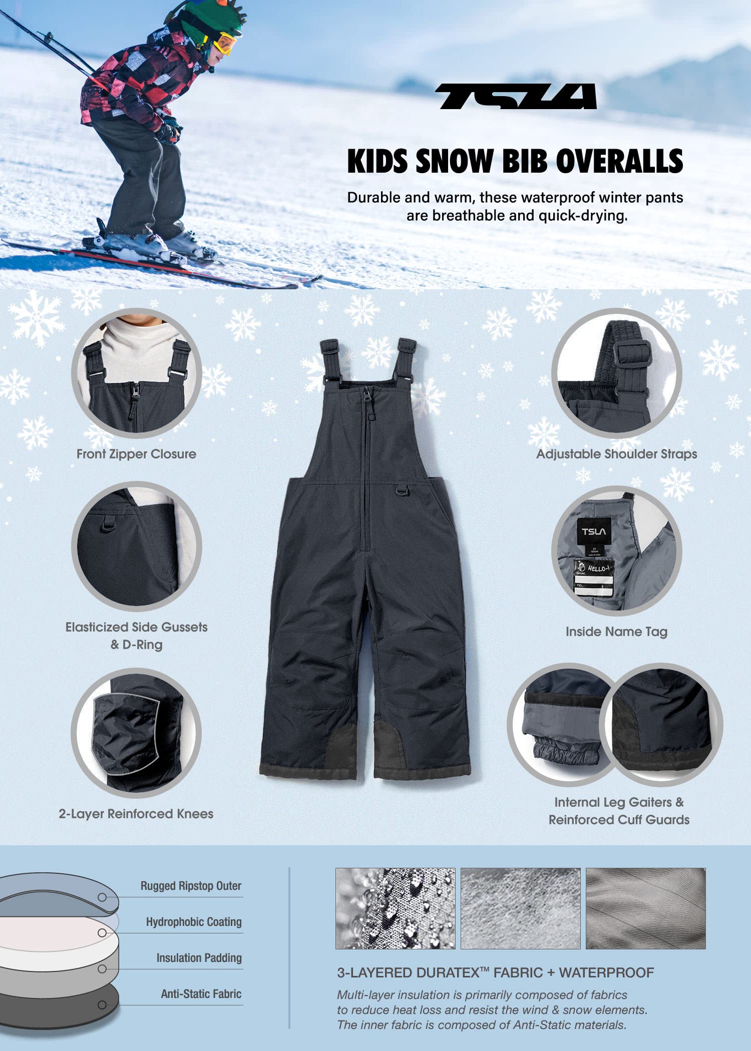 TSLA Kids Little Boys Girls Baby Winter Snow Bibs, Waterproof Insulated Snowboard Overalls, Ripstop Ski Pants, Winter Snow Overall Charcoal Blue, 5T