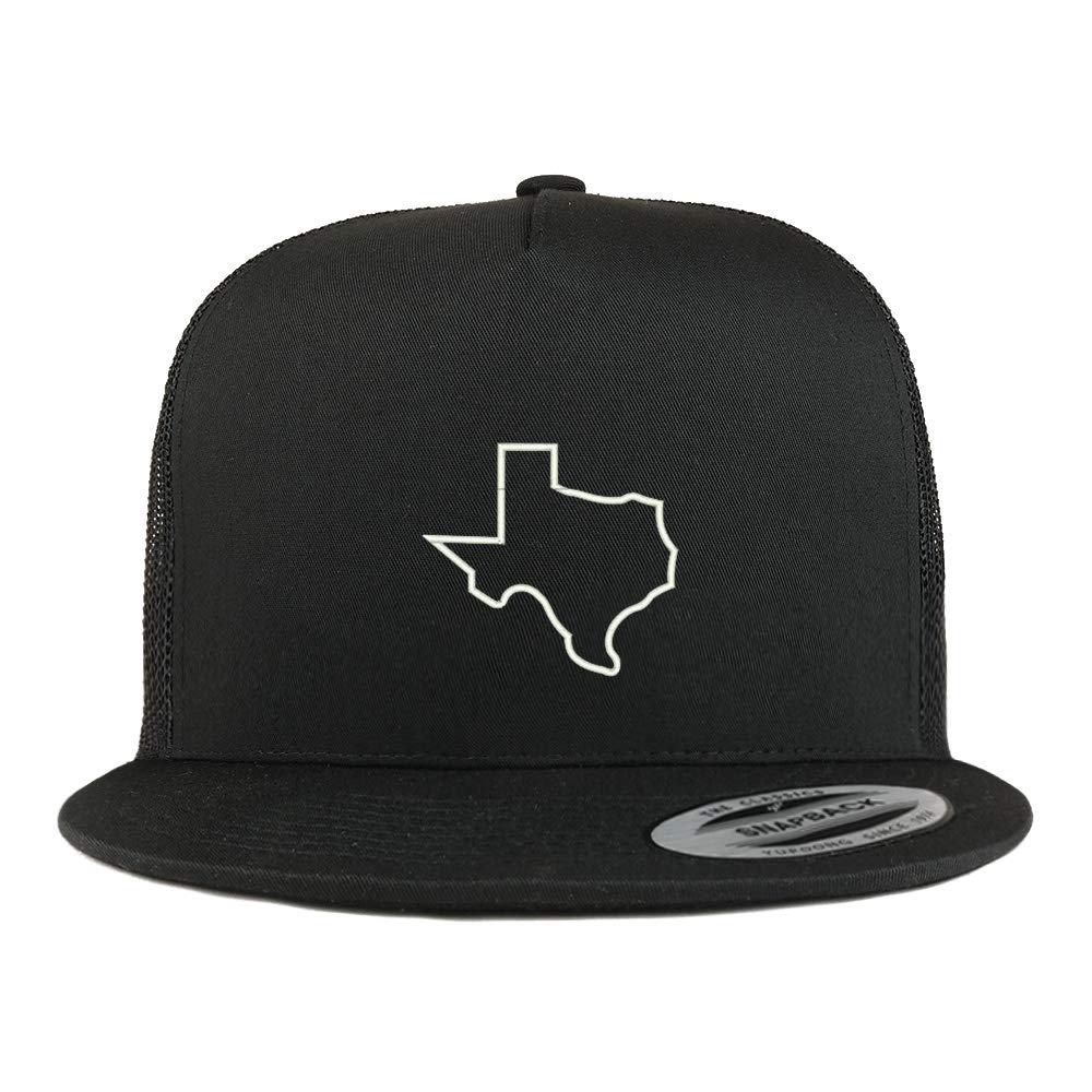 Trendy Apparel Shop Flexfit XXL Texas State Outline Embroidered 5 Panel Flatbill Trucker Mesh Cap - BLACK