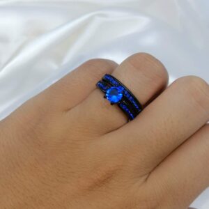 ringheart Couple Rings Black Plated Round cut Blue Cz Womens Wedding Ring Sets Stainless Steel Men Wedding Band