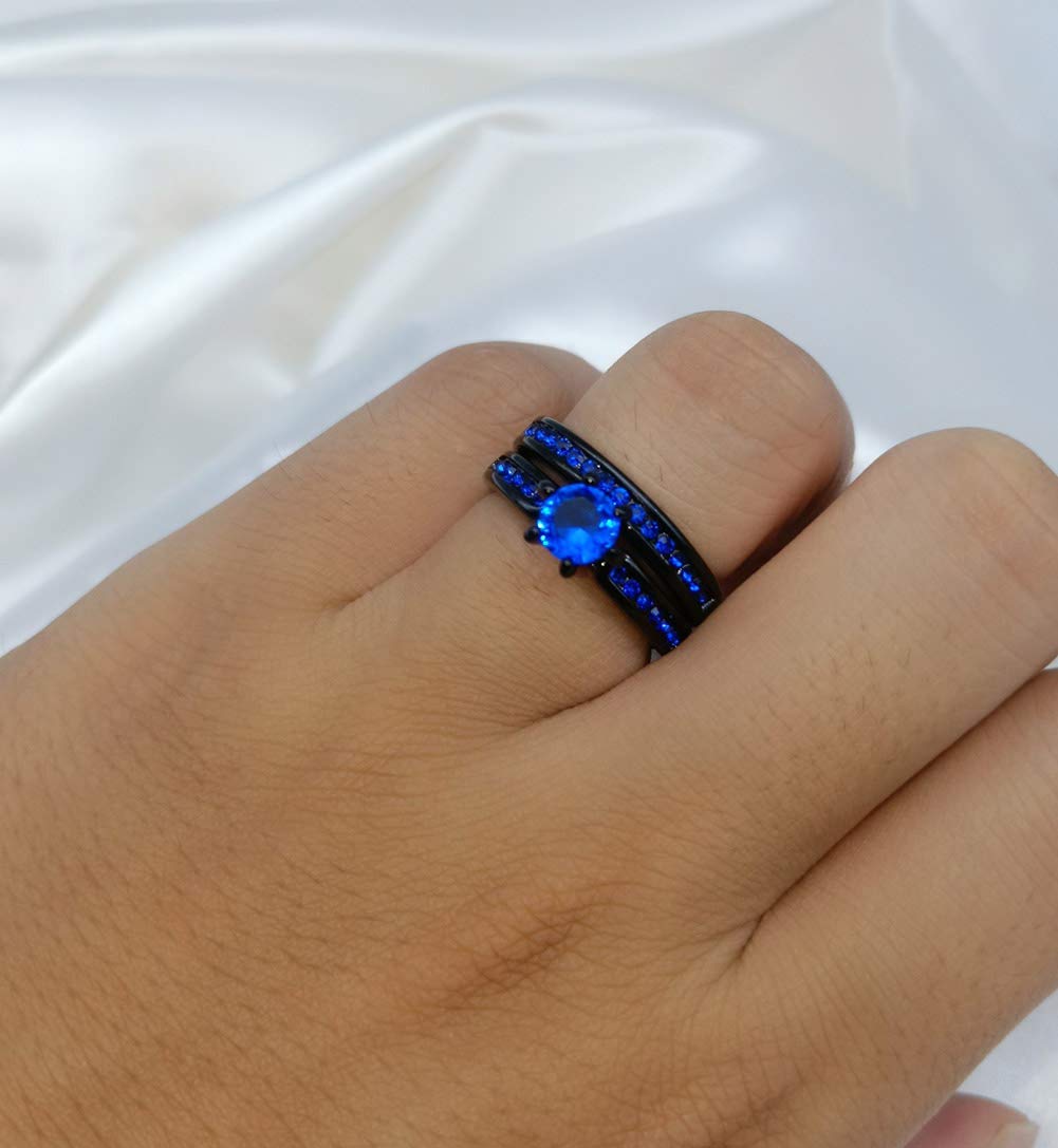 ringheart Couple Rings Black Plated Round cut Blue Cz Womens Wedding Ring Sets Stainless Steel Men Wedding Band