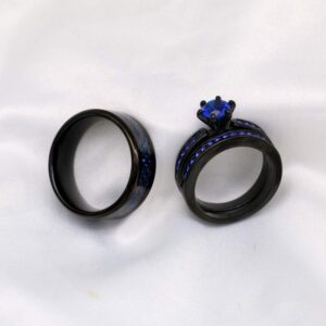 ringheart Couple Rings Black Plated Round cut Blue Cz Womens Wedding Ring Sets Stainless Steel Men Wedding Band