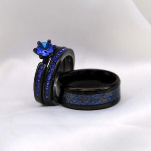 ringheart Couple Rings Black Plated Round cut Blue Cz Womens Wedding Ring Sets Stainless Steel Men Wedding Band