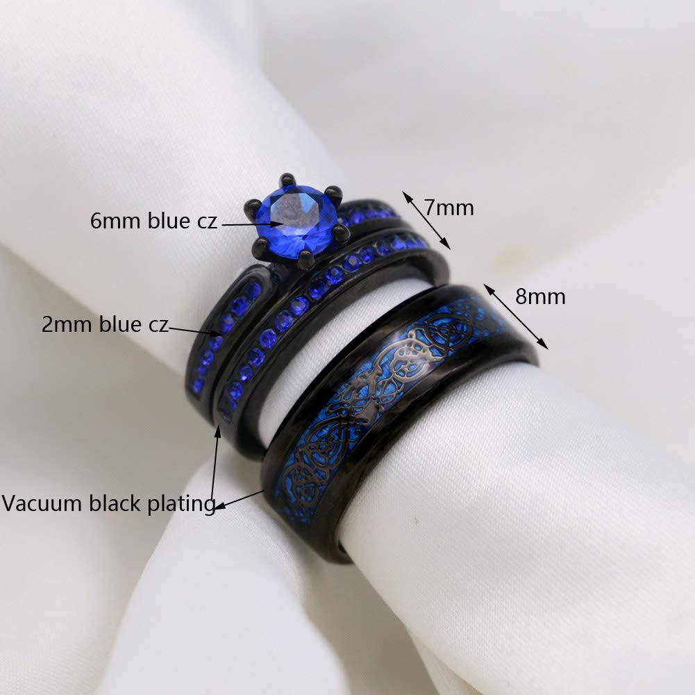 ringheart Couple Rings Black Plated Round cut Blue Cz Womens Wedding Ring Sets Stainless Steel Men Wedding Band