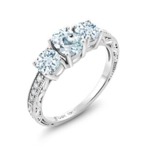 gem stone king 10k white gold sky blue aquamarine and white lab grown diamond 3 stone engagement ring for women (1.79 cttw, oval gemstone march birthstone, available in size 5, 6, 7, 8, 9)