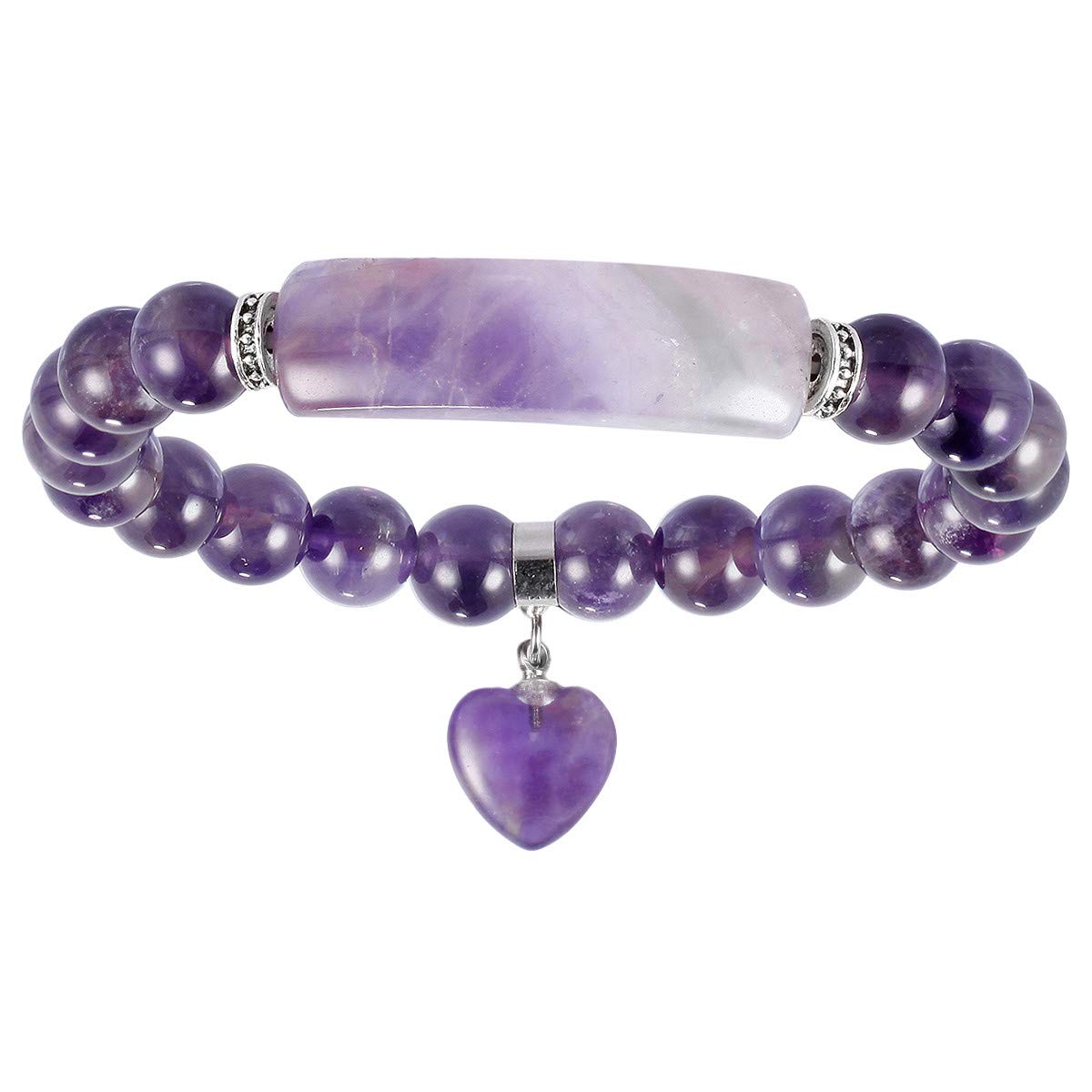 Nupuyai 8MM Amethyst Stretch Bracelets for Unisex, Healing Stone Bracelet with Dangle Heart Charm 7"