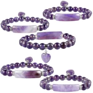 Nupuyai 8MM Amethyst Stretch Bracelets for Unisex, Healing Stone Bracelet with Dangle Heart Charm 7"