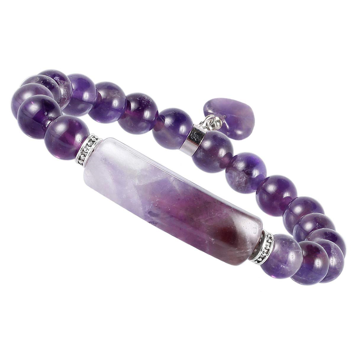 Nupuyai 8MM Amethyst Stretch Bracelets for Unisex, Healing Stone Bracelet with Dangle Heart Charm 7"