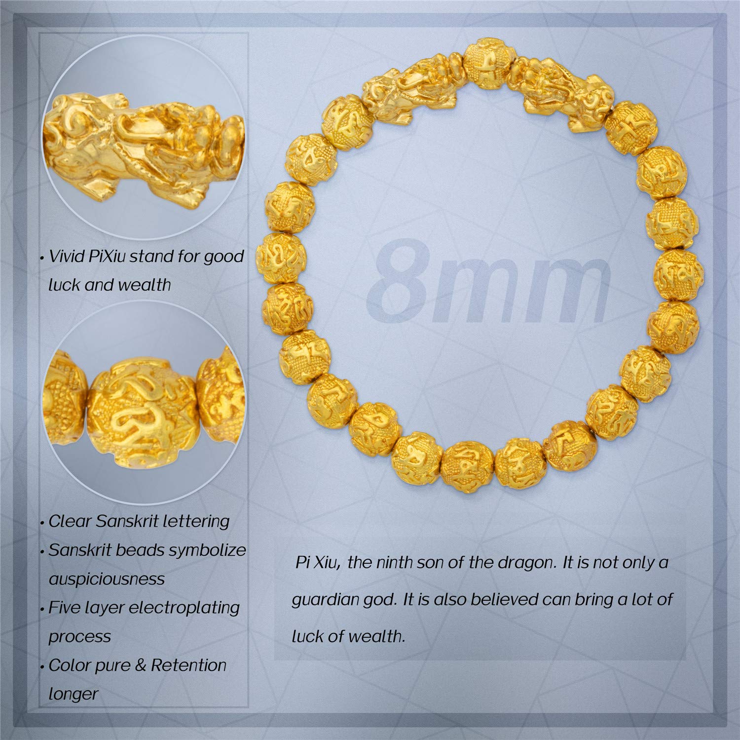 ZenBless Prime Feng Shui Bracelet Prosperity Bling Golden Mantra Bead Bracelet with Double Pi Xiu/Pi Yao Attract Wealth and Good Luck Best Gift(8mm)