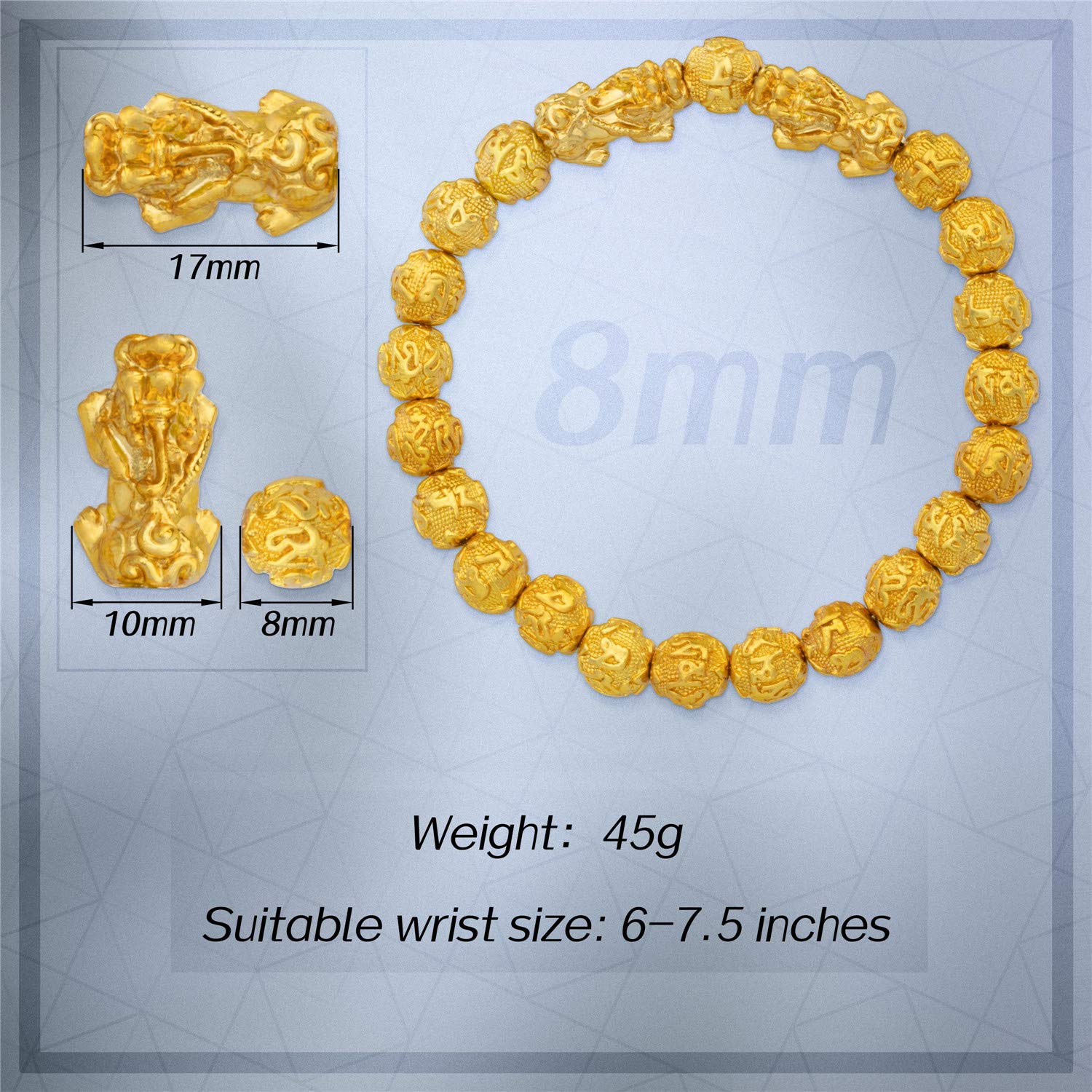 ZenBless Prime Feng Shui Bracelet Prosperity Bling Golden Mantra Bead Bracelet with Double Pi Xiu/Pi Yao Attract Wealth and Good Luck Best Gift(8mm)