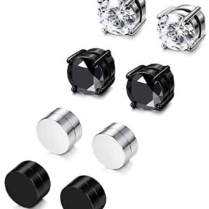 4 Pairs Stainless Steel Magnetic Stud Earrings for Men Women Non Piercing Clip on CZ Earrings 6MM (4 Pairs a Set,6MMBlack + Silver)