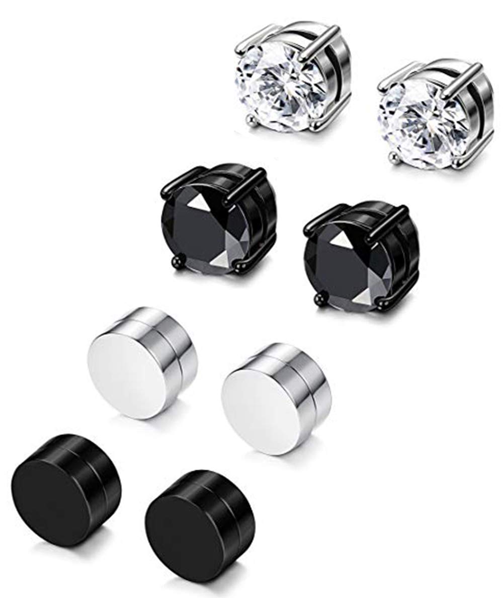 4 Pairs Stainless Steel Magnetic Stud Earrings for Men Women Non Piercing Clip on CZ Earrings 6MM (4 Pairs a Set,6MMBlack + Silver)