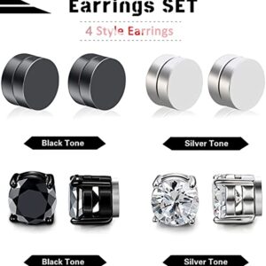 4 Pairs Stainless Steel Magnetic Stud Earrings for Men Women Non Piercing Clip on CZ Earrings 6MM (4 Pairs a Set,6MMBlack + Silver)