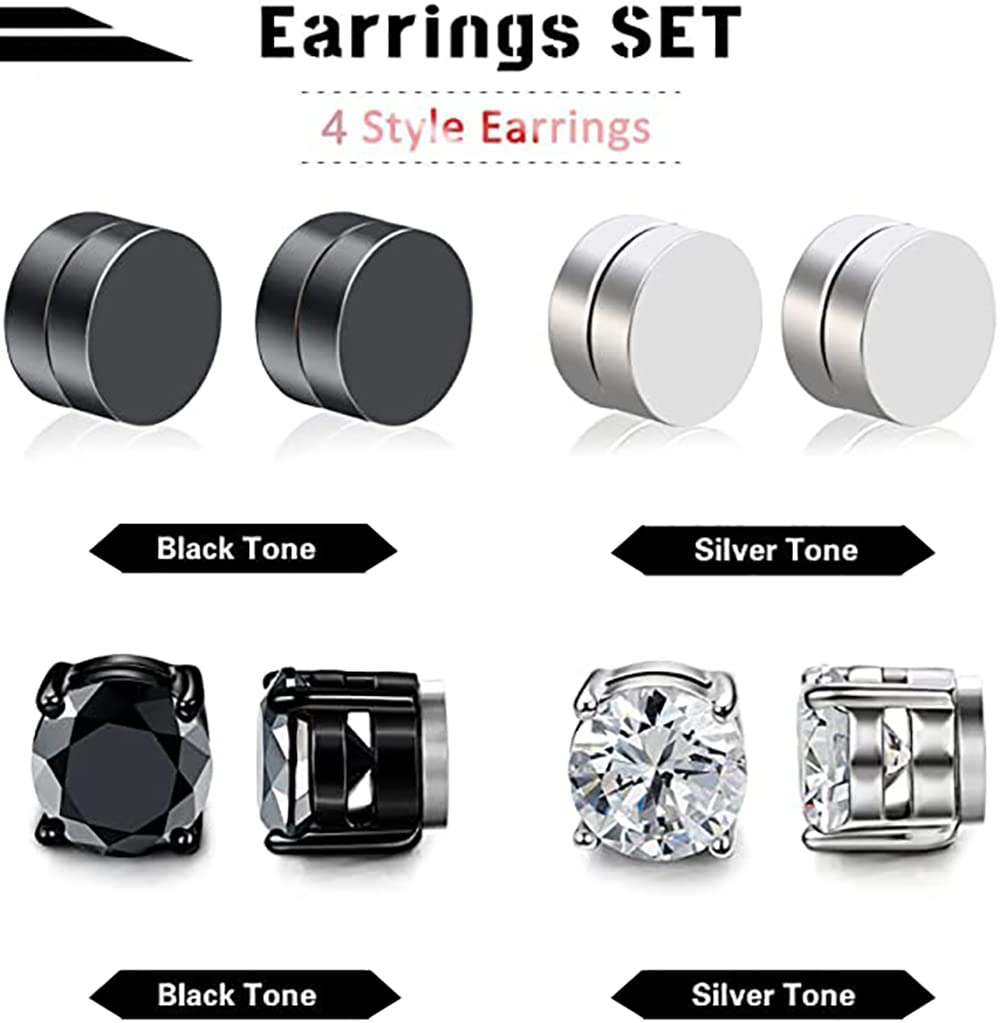 4 Pairs Stainless Steel Magnetic Stud Earrings for Men Women Non Piercing Clip on CZ Earrings 6MM (4 Pairs a Set,6MMBlack + Silver)