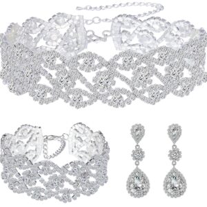 Paxuan Women Rhinestone Crystal Wedding Bridal Choker Necklace Earrings Bracelet Jewelry Sets