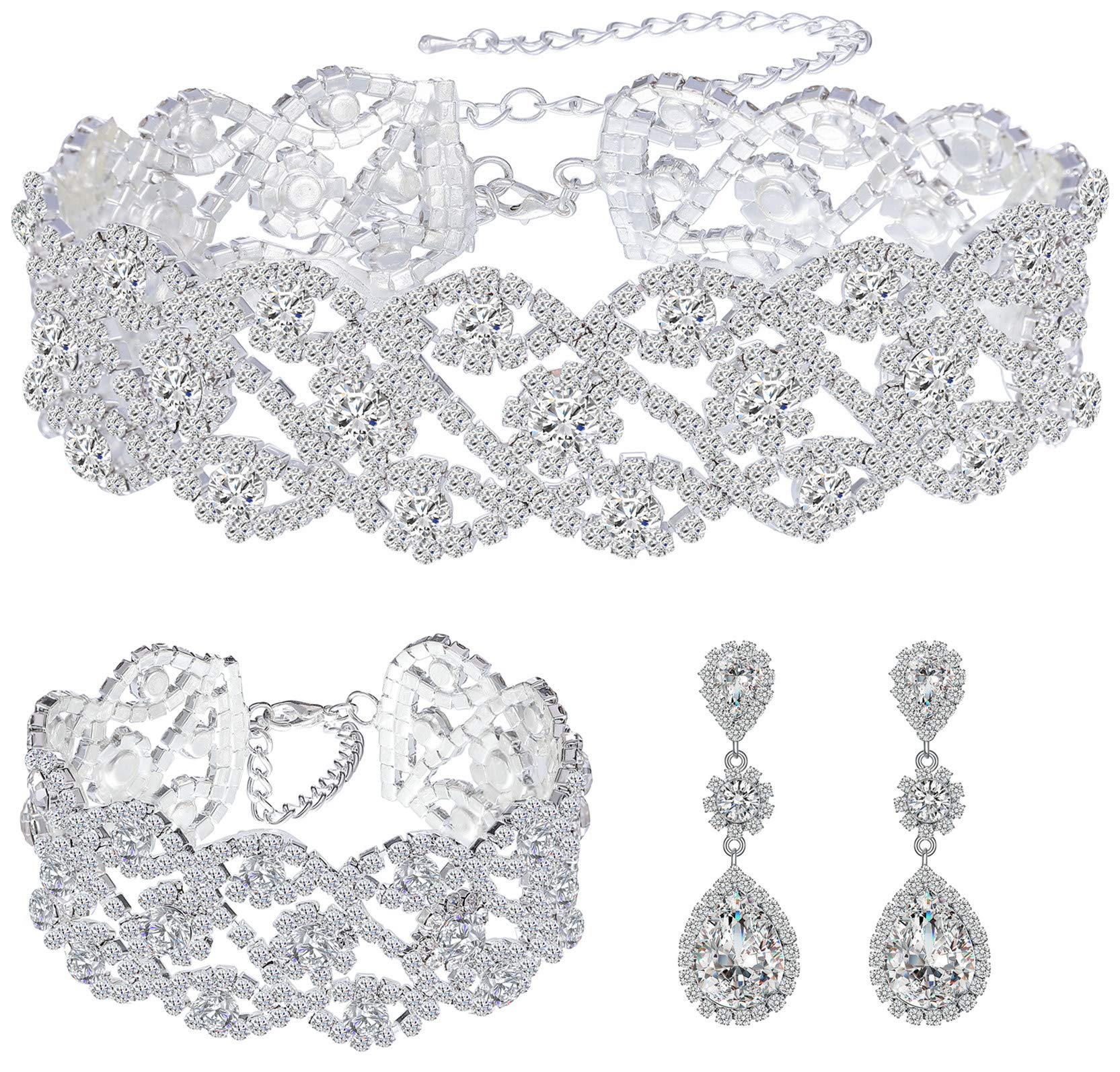 Paxuan Women Rhinestone Crystal Wedding Bridal Choker Necklace Earrings Bracelet Jewelry Sets