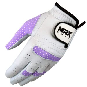 MRX Women Golf Glove Left Handed Golf Gloves Sweat Resistant Soft Cabretta Leather Regular Fit Women Golfer Glove White Purple