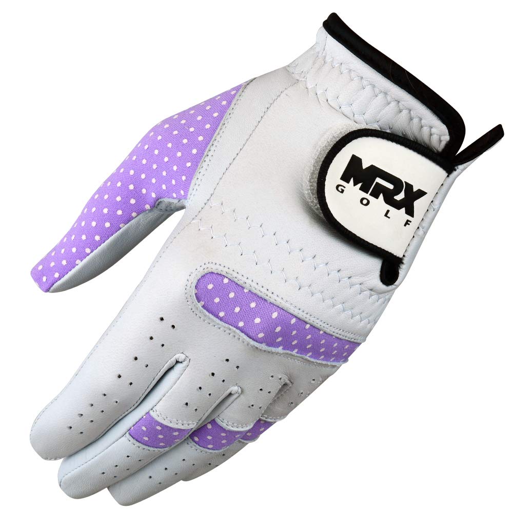 MRX Women Golf Glove Left Handed Golf Gloves Sweat Resistant Soft Cabretta Leather Regular Fit Women Golfer Glove White Purple