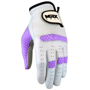 MRX Women Golf Glove Left Handed Golf Gloves Sweat Resistant Soft Cabretta Leather Regular Fit Women Golfer Glove White Purple