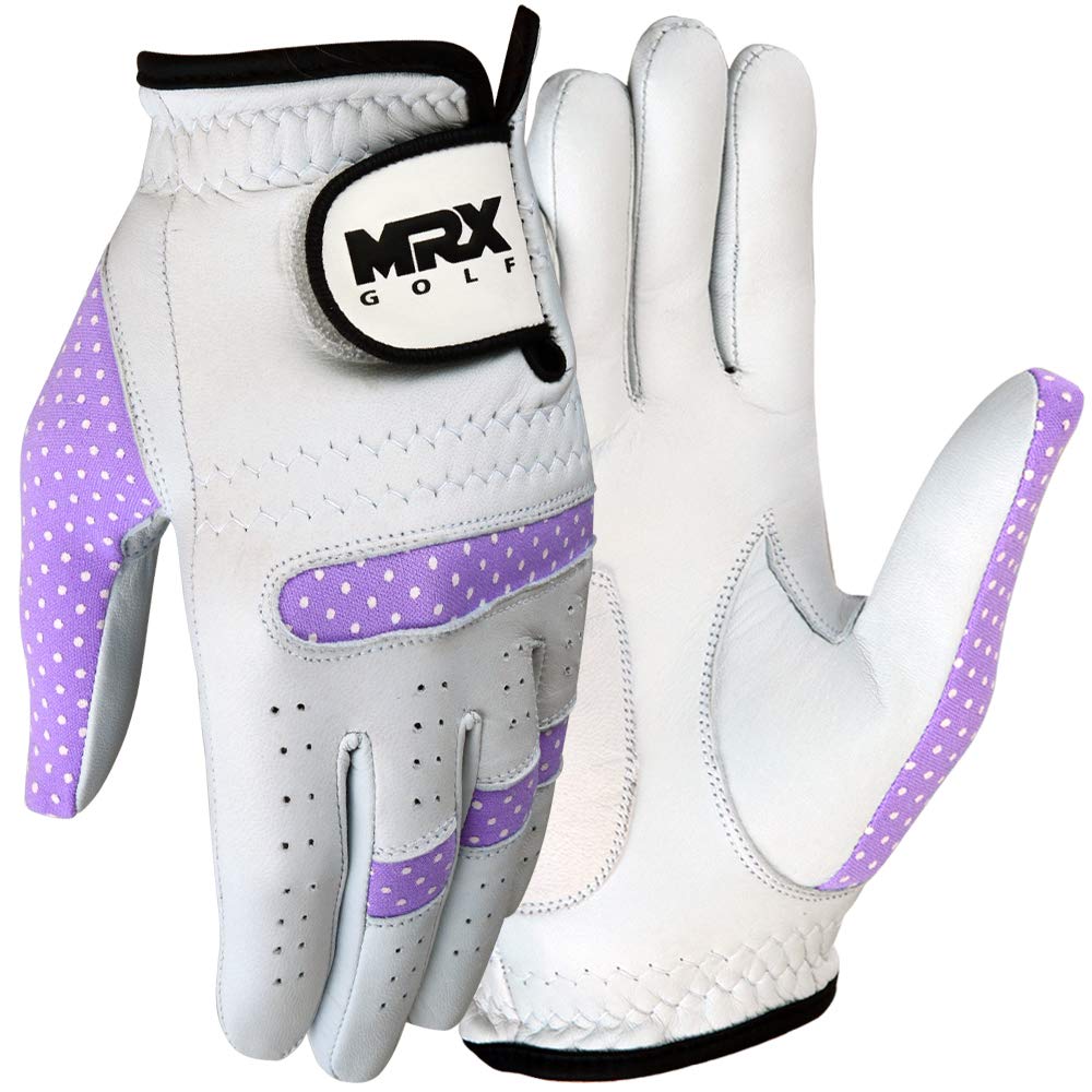 MRX Women Golf Glove Left Handed Golf Gloves Sweat Resistant Soft Cabretta Leather Regular Fit Women Golfer Glove White Purple