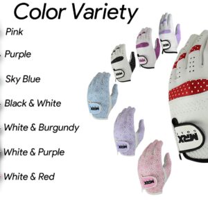 MRX Women Golf Glove Left Handed Golf Gloves Sweat Resistant Soft Cabretta Leather Regular Fit Women Golfer Glove White Purple