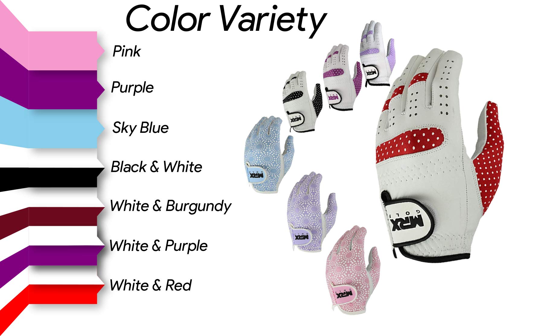 MRX Women Golf Glove Left Handed Golf Gloves Sweat Resistant Soft Cabretta Leather Regular Fit Women Golfer Glove White Purple