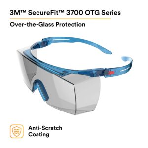 3M Safety Glasses, SecureFit 3700 Series, Anti-Scratch, Fits Over Glasses, Indoor/Outdoor Gray Lens, Blue Temple