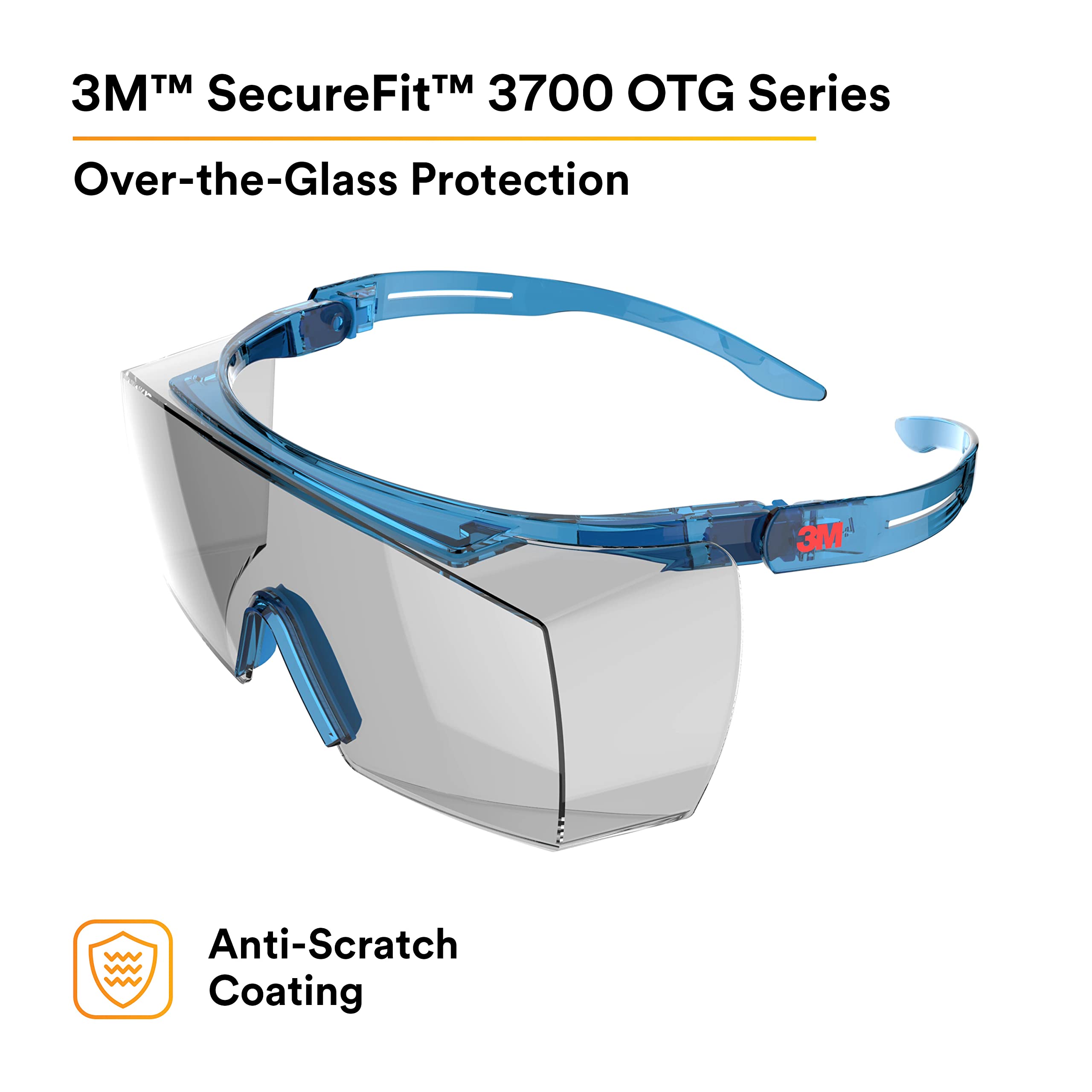 3M Safety Glasses, SecureFit 3700 Series, Anti-Scratch, Fits Over Glasses, Indoor/Outdoor Gray Lens, Blue Temple